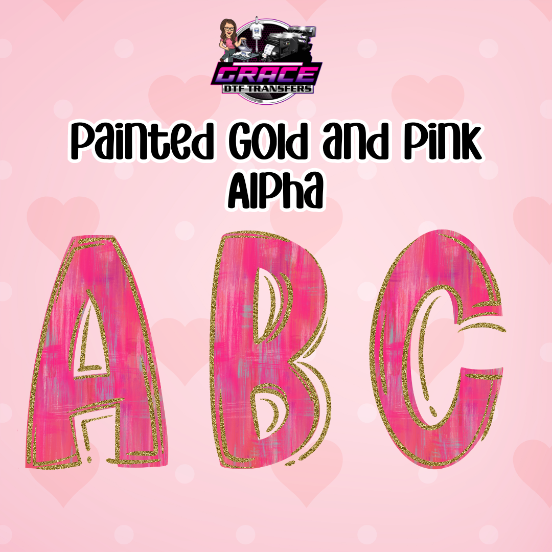 *Painted Gold and Pink Alpha Word DTF – Grace DTF Transfers